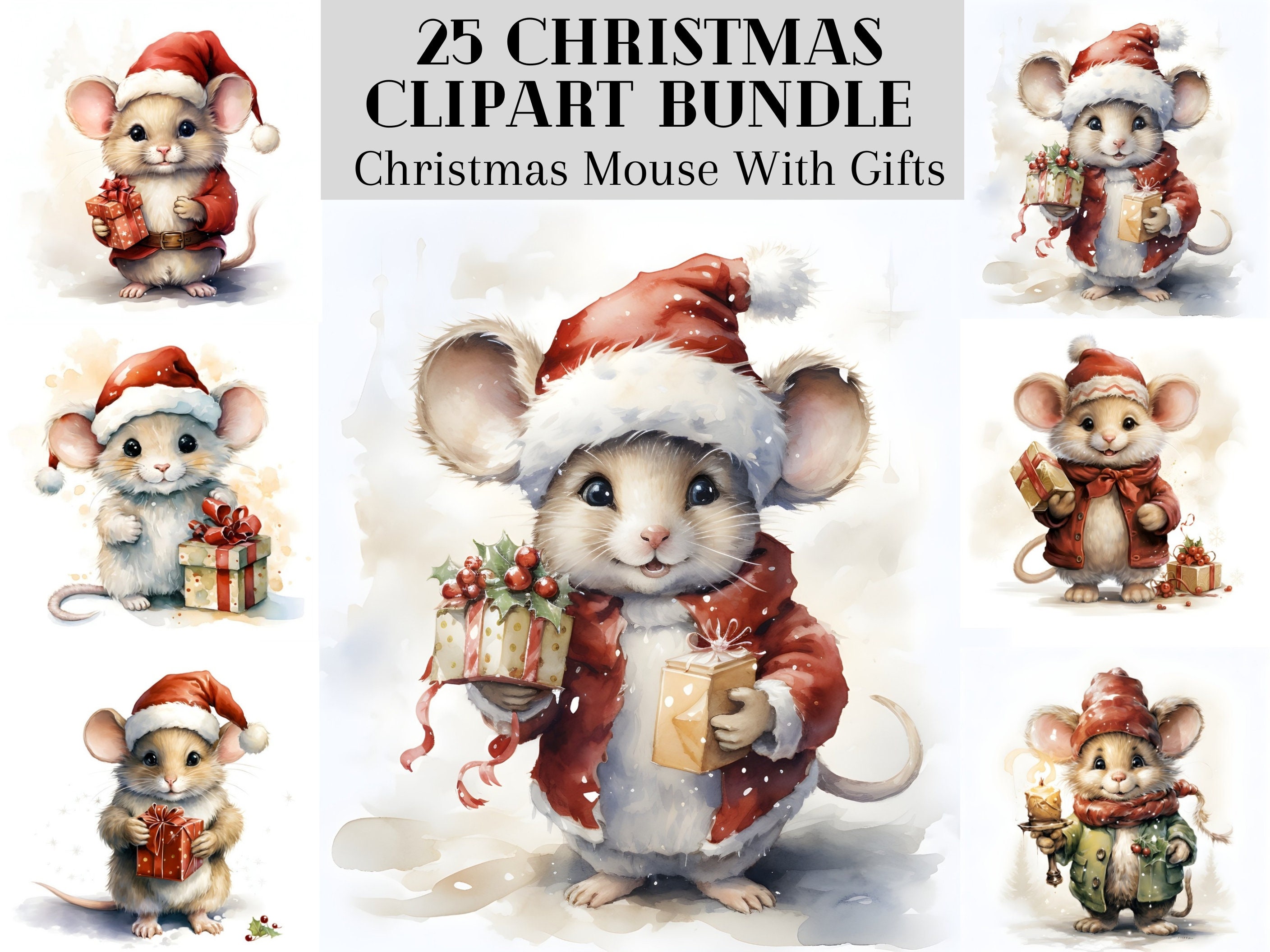 Watercolored Mouse Holding Christmas Gift Clipart, Mouse Christmas ...