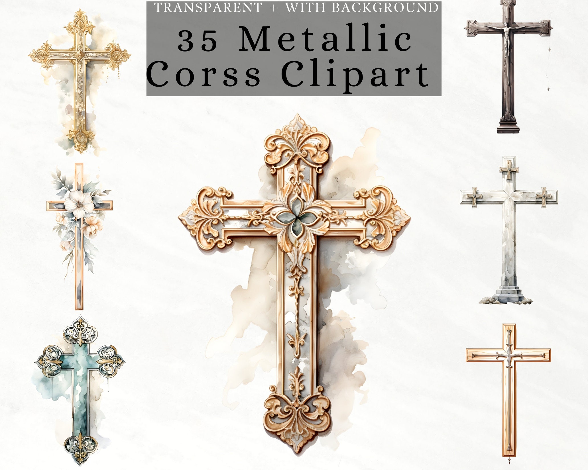 Watercolored Cristian Cross Clipart , Elegant Metallic Cross Design ...