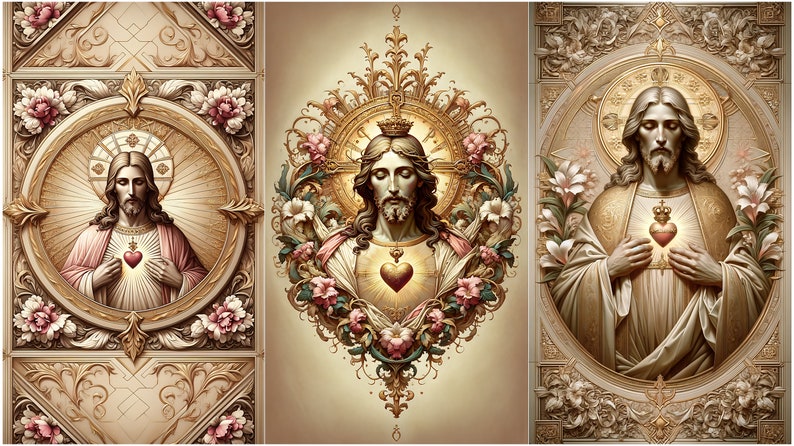 Sacred Heart of Jesus Holy Card, Jesus Prayer Card in Golden Pink Theme ...