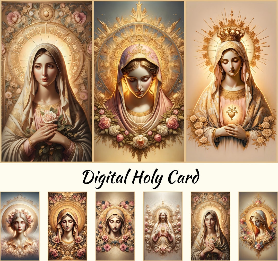 Digital Our Lady Holy Card , Mother Mary Prayer Card in Golden Pink ...