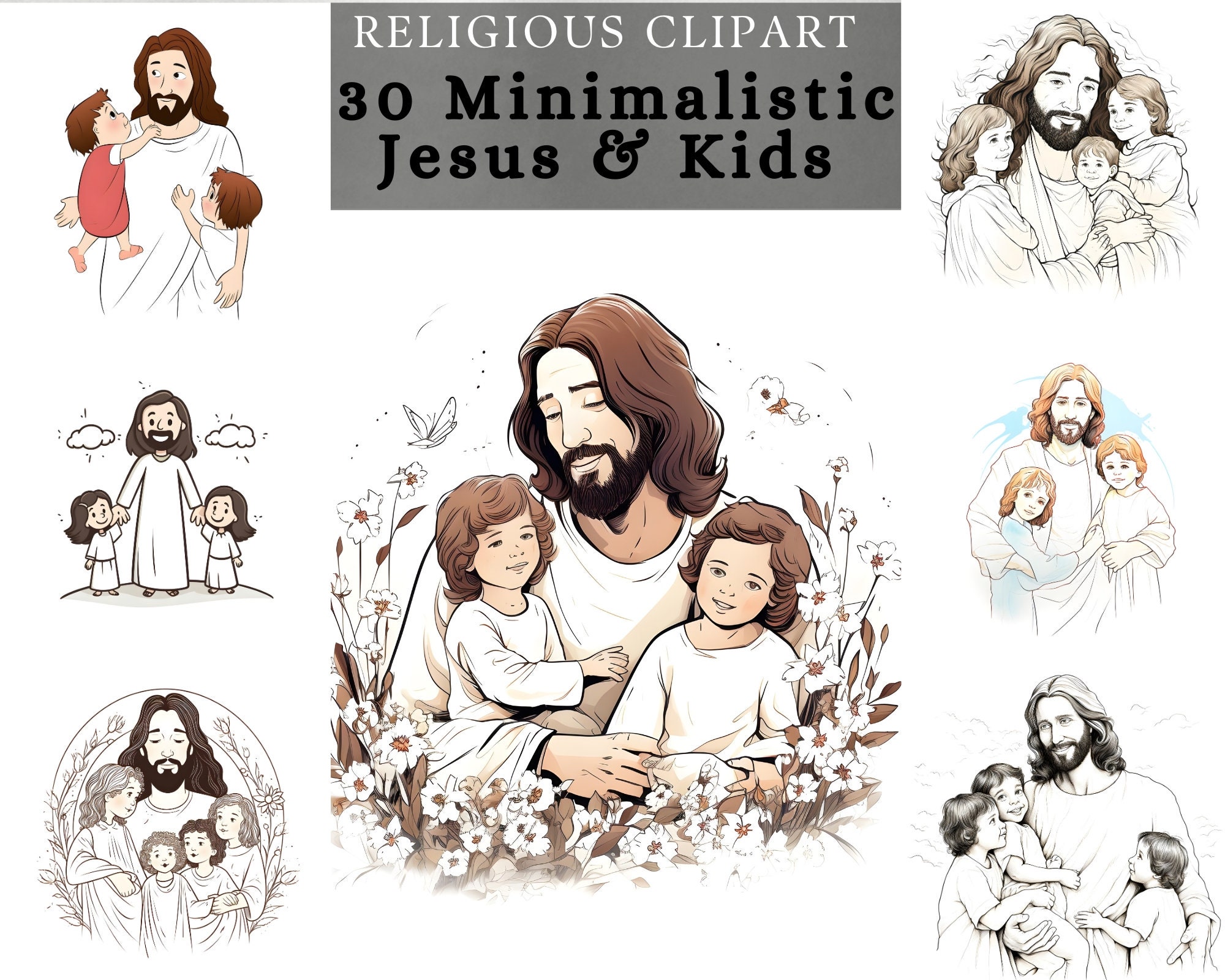 Jesus and Kids Minimalistic Clipart ,jesus With Kids Bundle , Jesus and ...