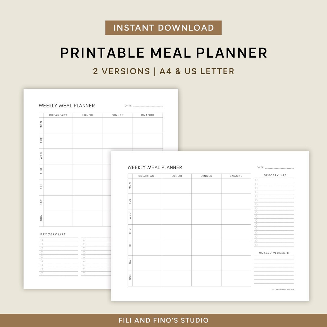 Printable Weekly Meal Planner | 2 Versions | A4 & US Letter Size ...
