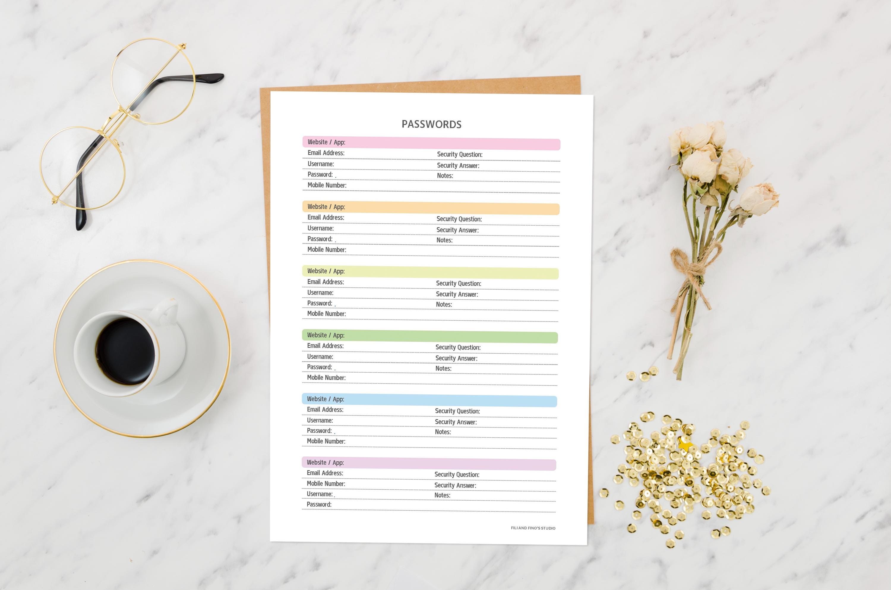Printable Password Tracker | Pastel Colors | A4, A5 & Letter | Instant ...