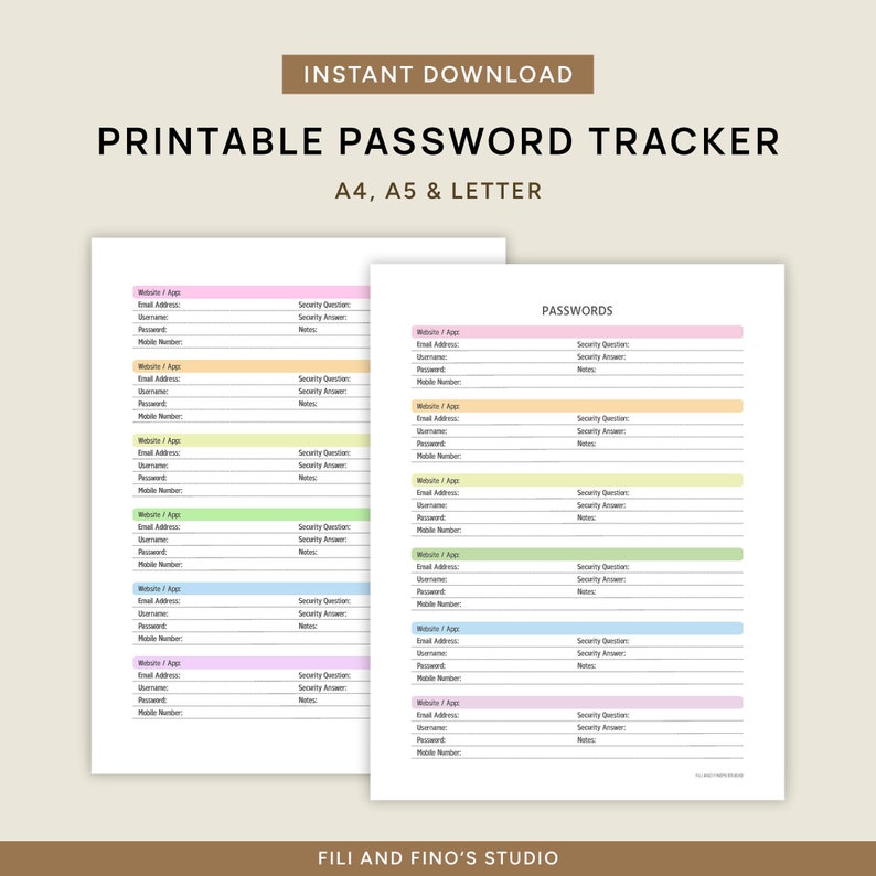 Printable Password Tracker | Pastel Colors | A4, A5 & Letter | Instant ...