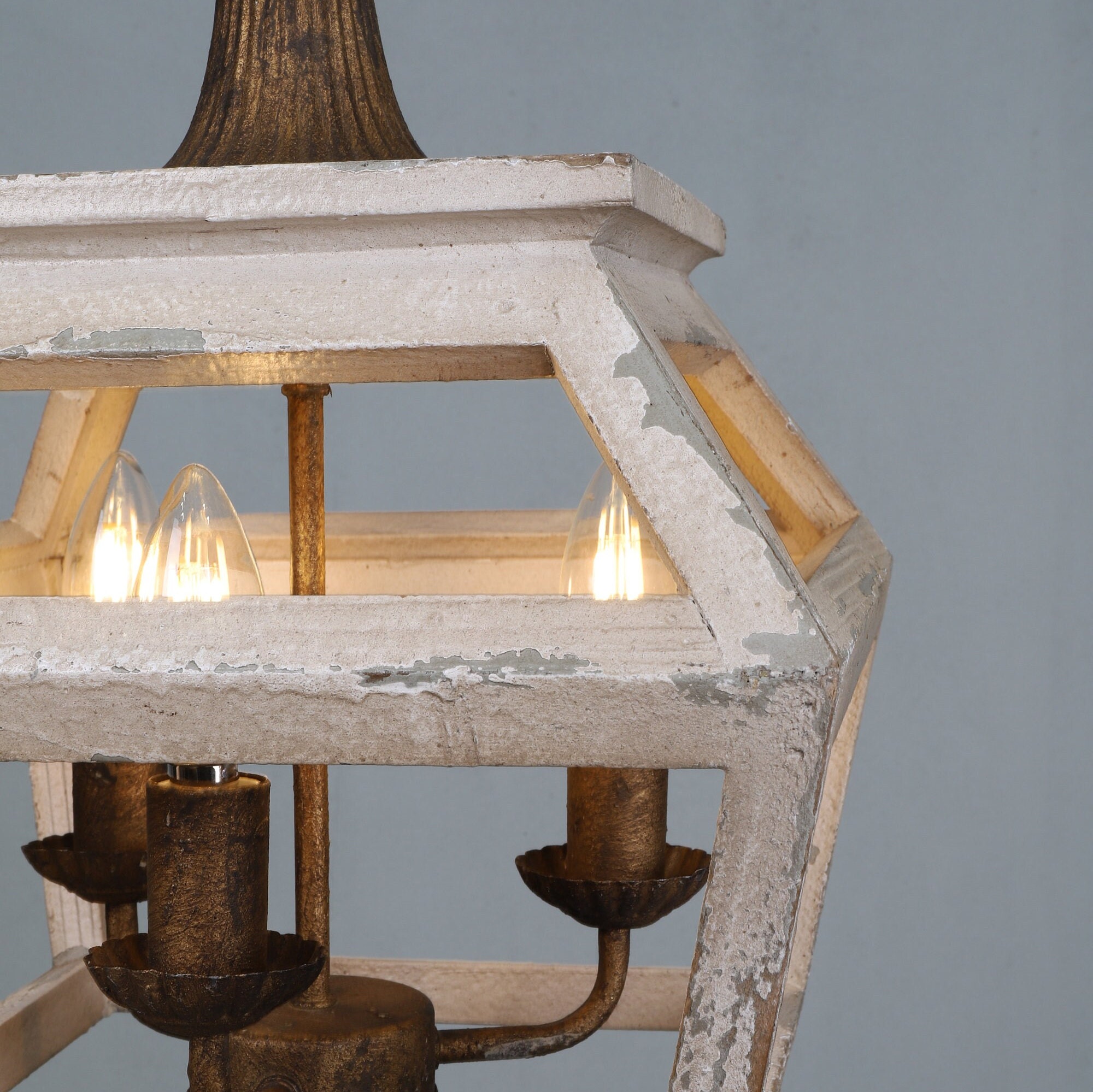 Farmhouse Wooden Lantern Chandelier Rustic Whitewashed Light Fixture ...