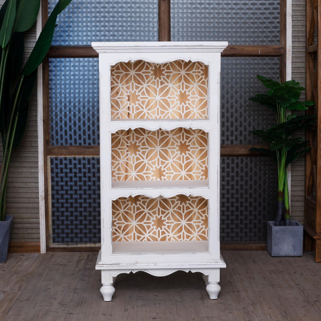 French Country Display Cabinet – Vintage White Wood Shelf With Carved ...