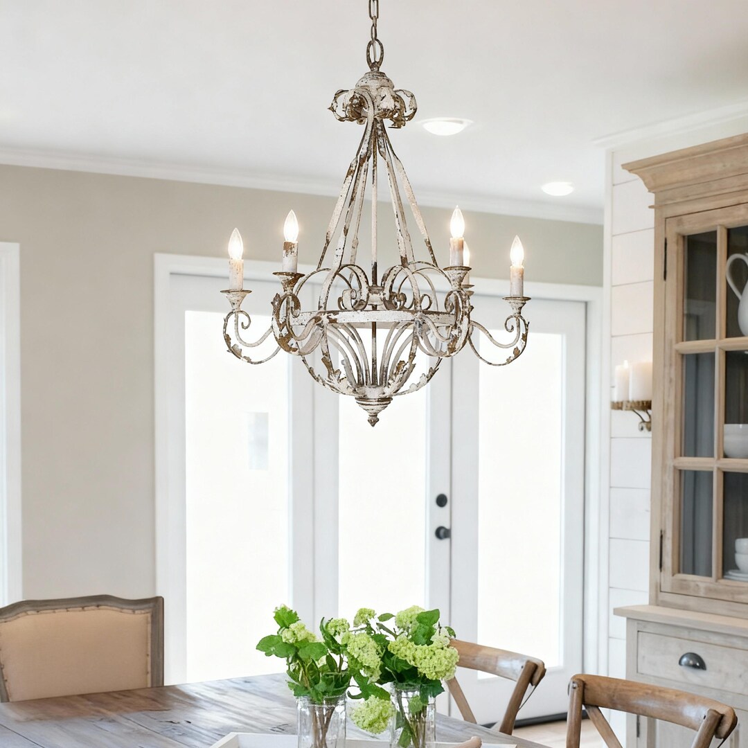 French Country Chandelier: 6-light Distressed White Iron Pendant Lamp ...