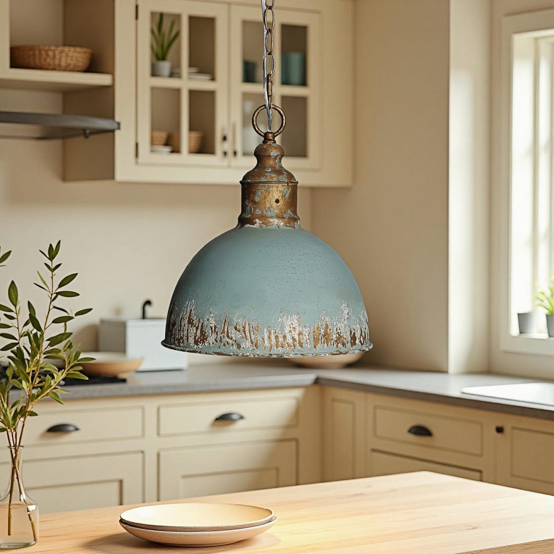 Vintage Blue Pendant Light - Rustic Farmhouse Ceiling Lamp, Distressed ...