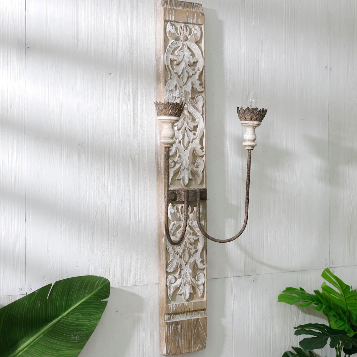 Rustic Wall Sconce, Carved Wood Wall Light, Antique Style Candle Holder ...