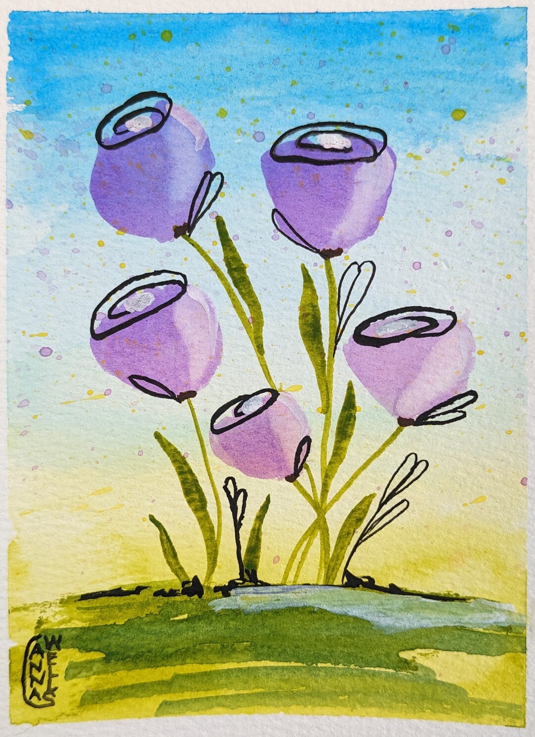 Purple Whimsical Spring Flowers Watercolor Painting Art - Etsy