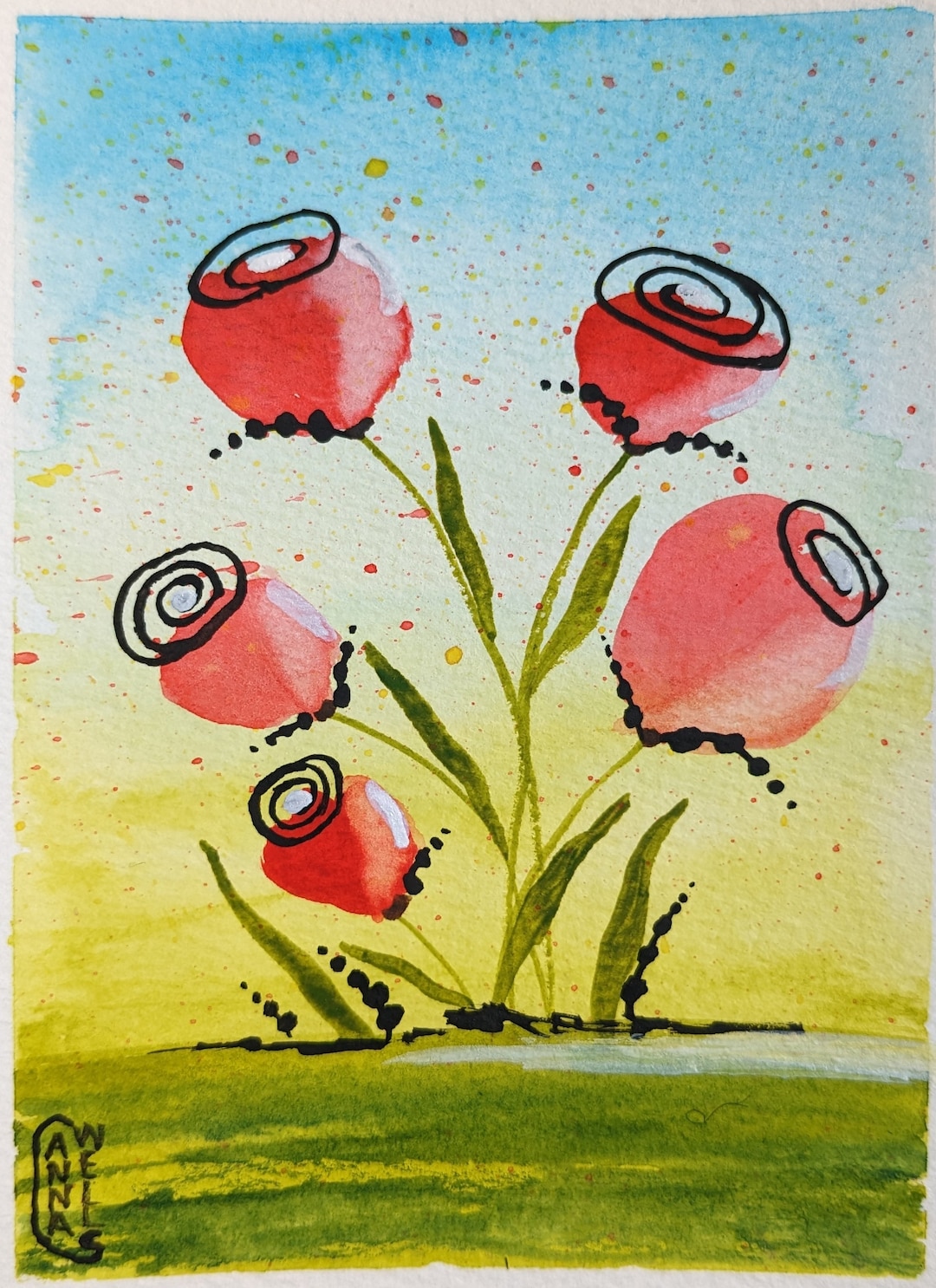 Red Whimsical Spring Flowers Watercolor Painting Art - Etsy