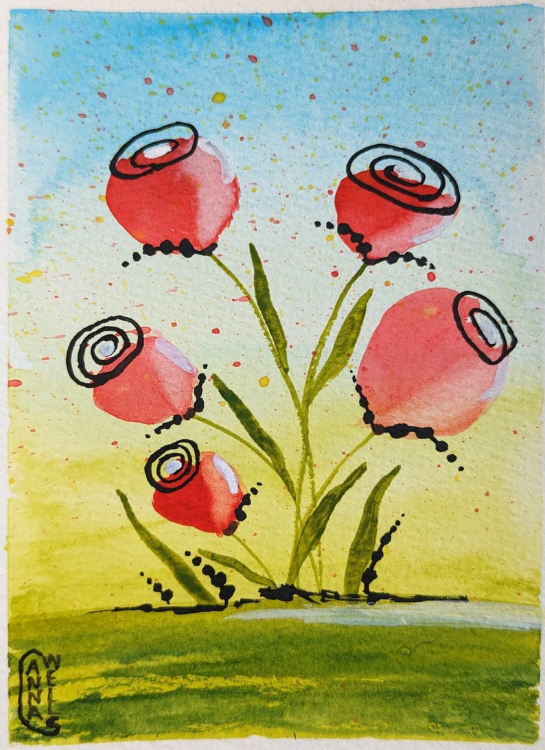 Red Whimsical Spring Flowers Watercolor Painting Art - Etsy
