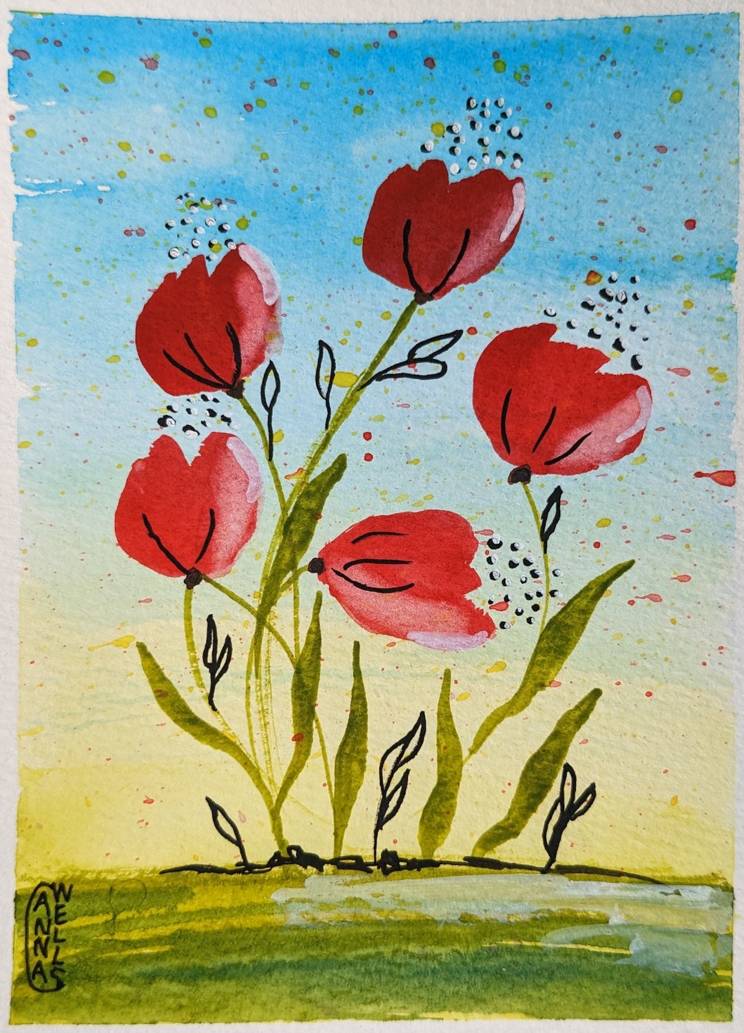 Red Whimsical Spring Flowers Watercolor Painting Art - Etsy