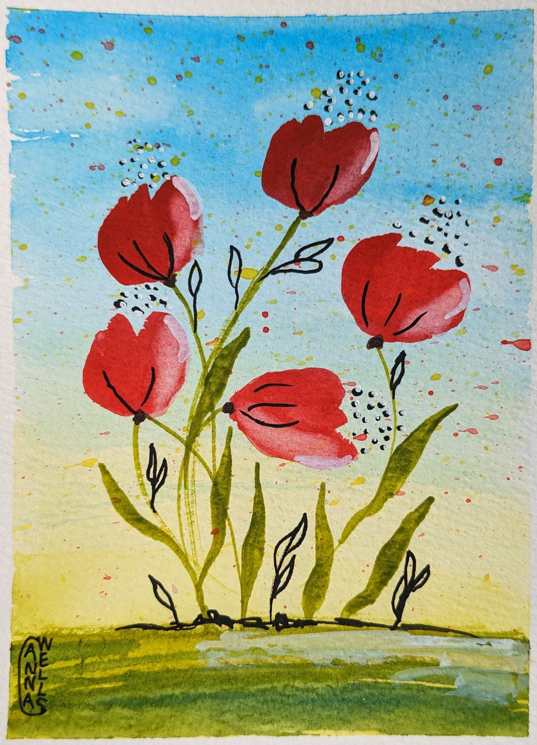 Red Whimsical Spring Flowers Watercolor Painting Art - Etsy
