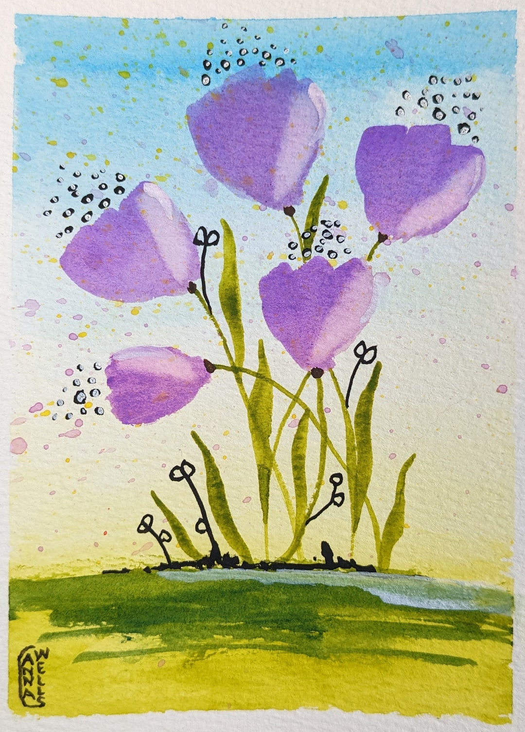 Purple Whimsical Spring Flowers Watercolor Painting Art - Etsy