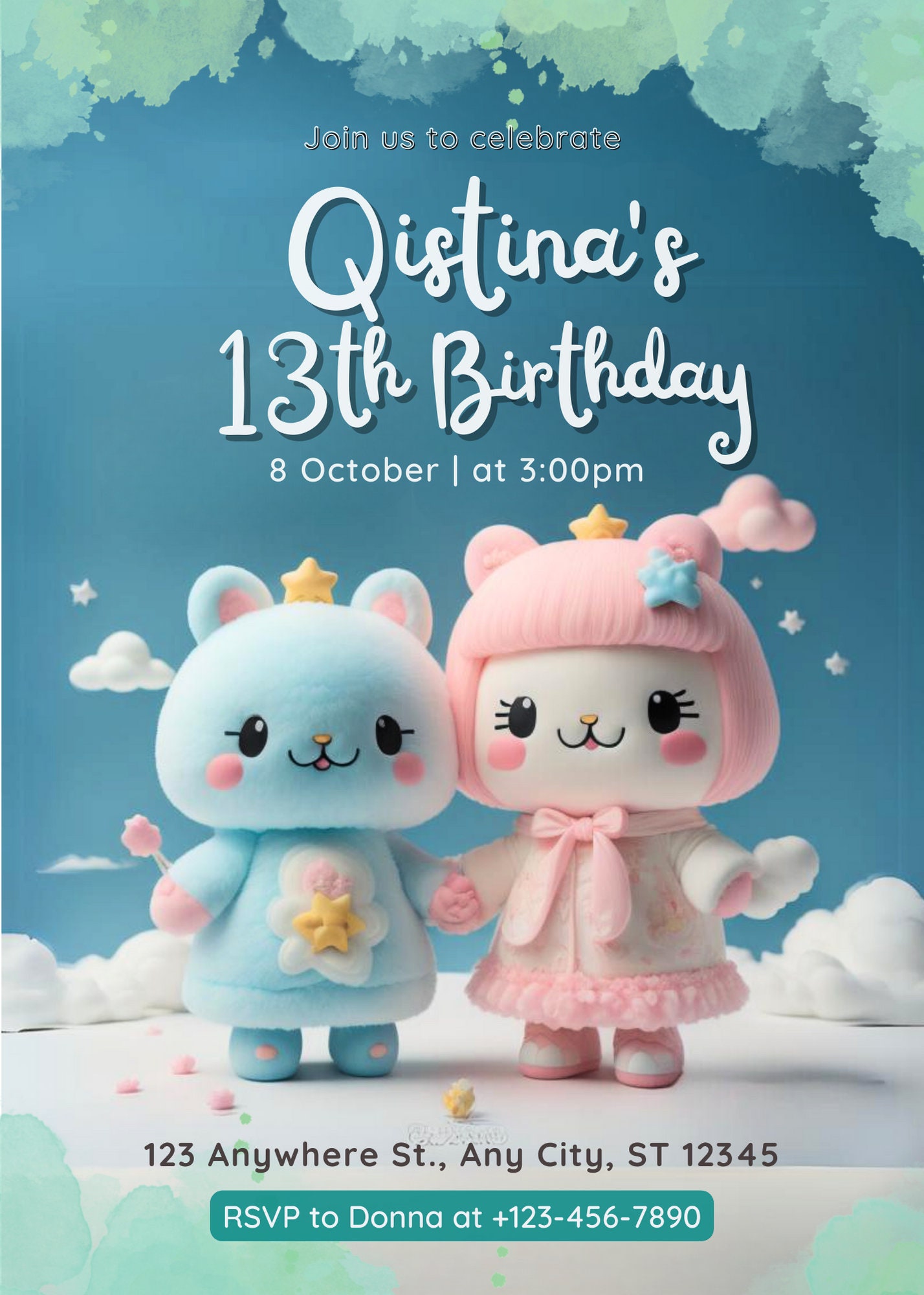Cute Character Theme Girl Birthday Invitation Card Template - Etsy
