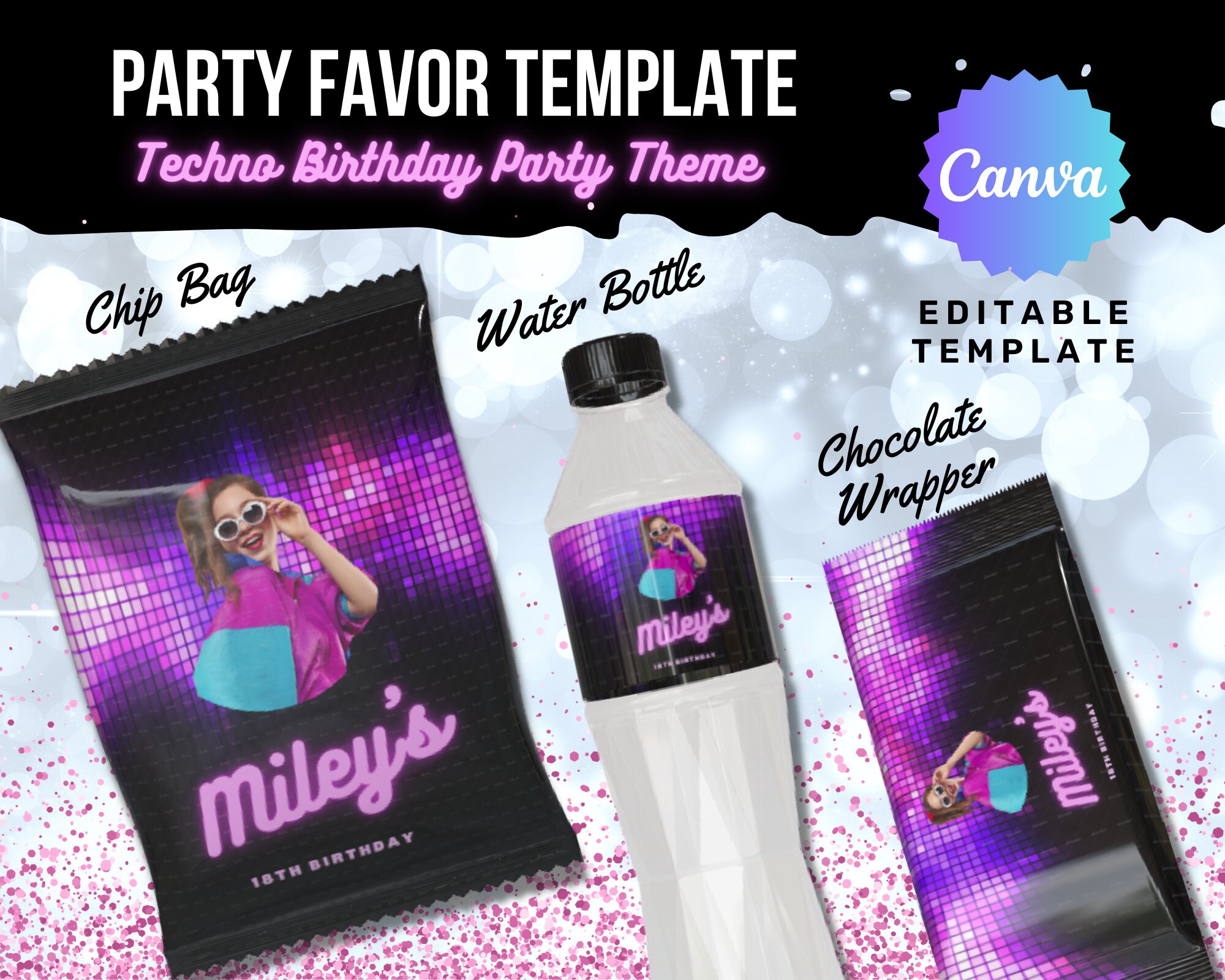 Techno Birthday Party Favor Template: Chip Bag, Water Bottle, Chocolate ...