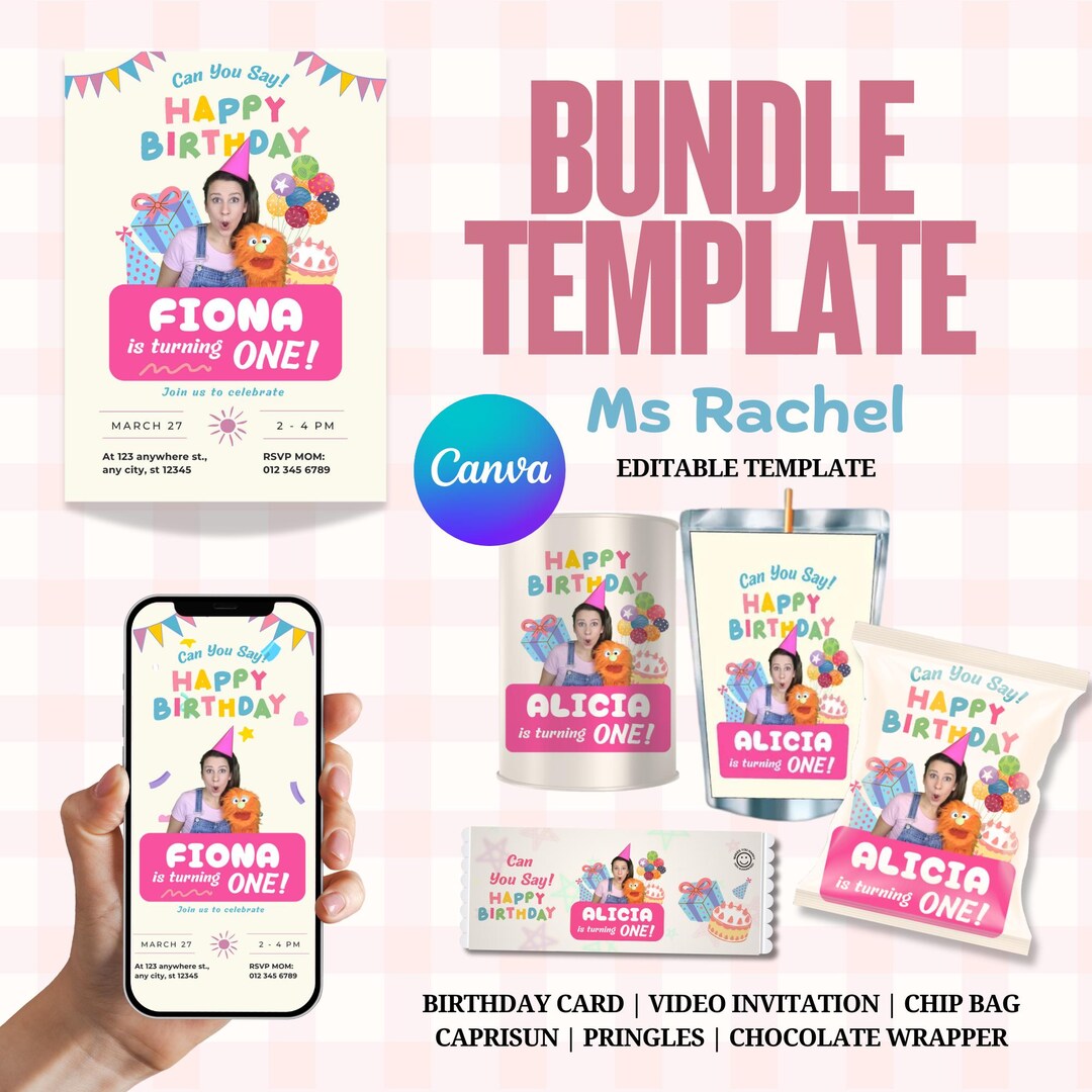 Ms Rachel Theme Invitation Party Favor Bundle Template Canva Editable ...