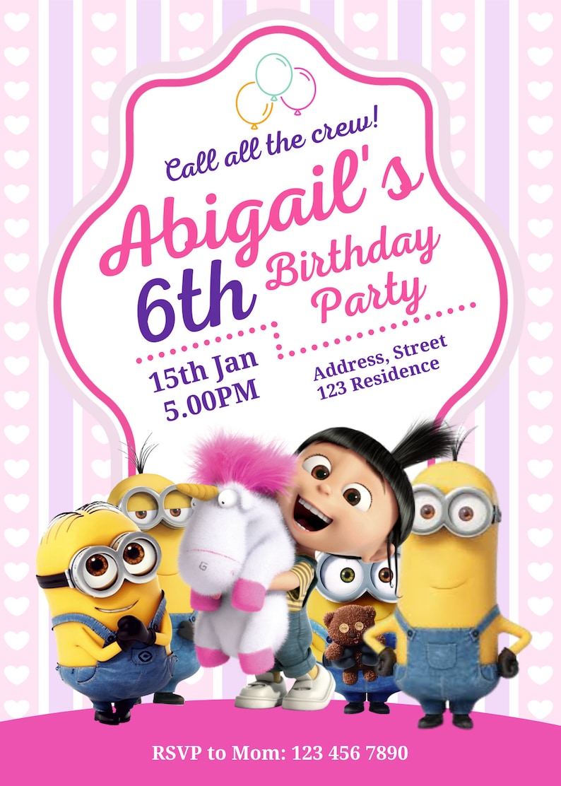 Girl Minions Birthday Party Theme Invitation Card Template Canva ...