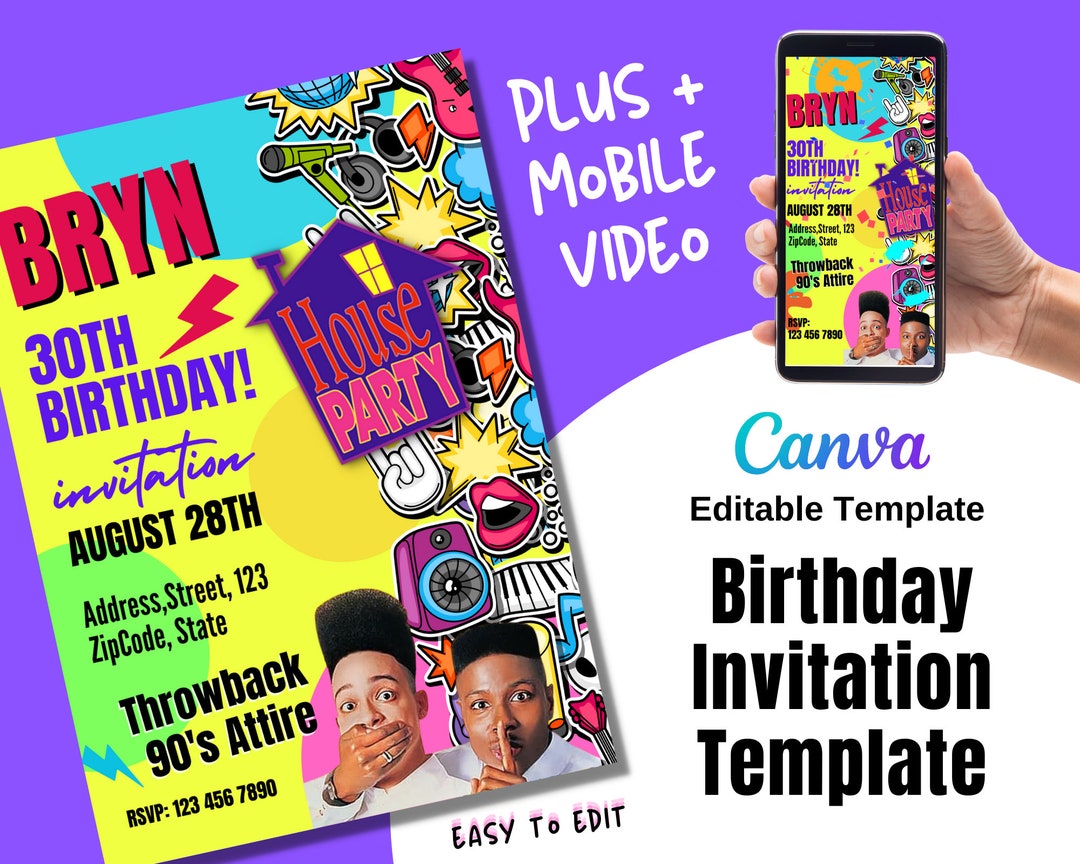 90s Birthday Invitation: Editable Retro House Party Canva Template - Etsy