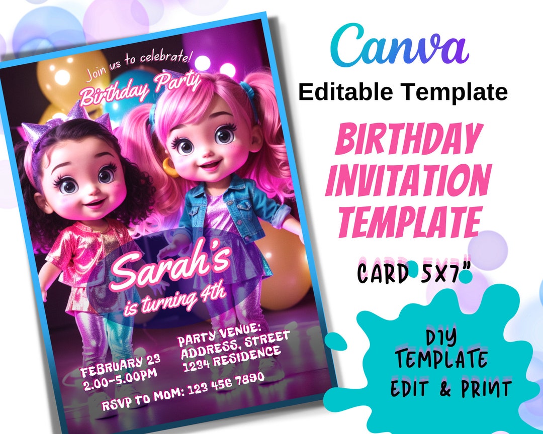 Beautiful Cute Girl Birthday Invitation Card Template Canva Editable ...