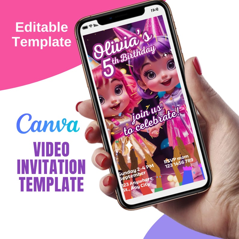 Beautiful Cute Girl Birthday Party Video Invitation Template Canva ...