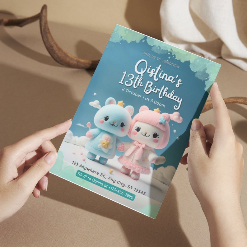 Cute Character Theme Girl Birthday Invitation Card Template - Etsy