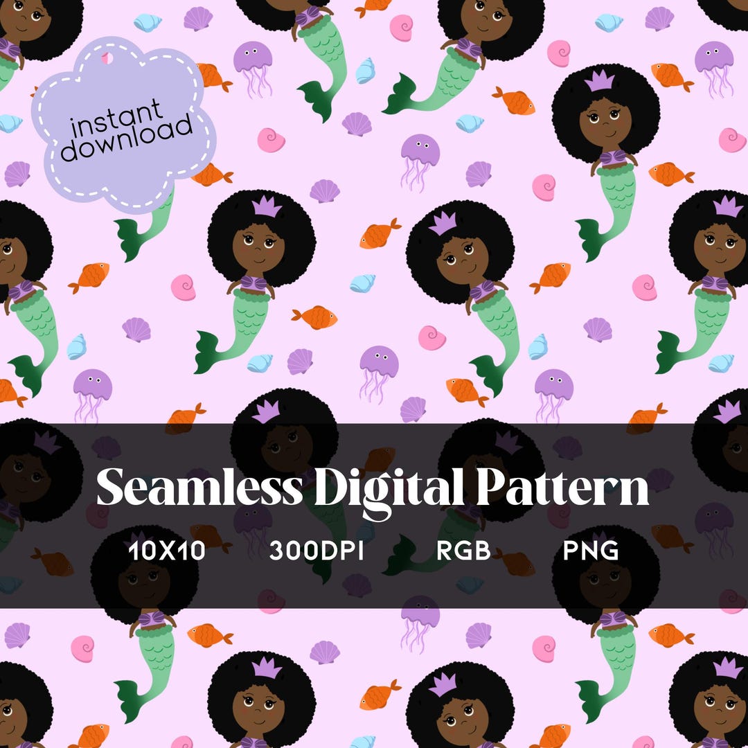 Black Mermaid Seamless Pattern 300 DPI PNG Instant Download Digital ...