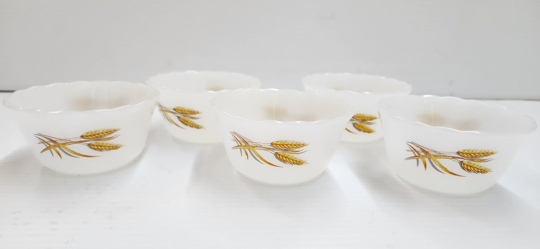 Vintage Fire King Golden Wheat Pattern Milk Glass Small Custard Bowl ...
