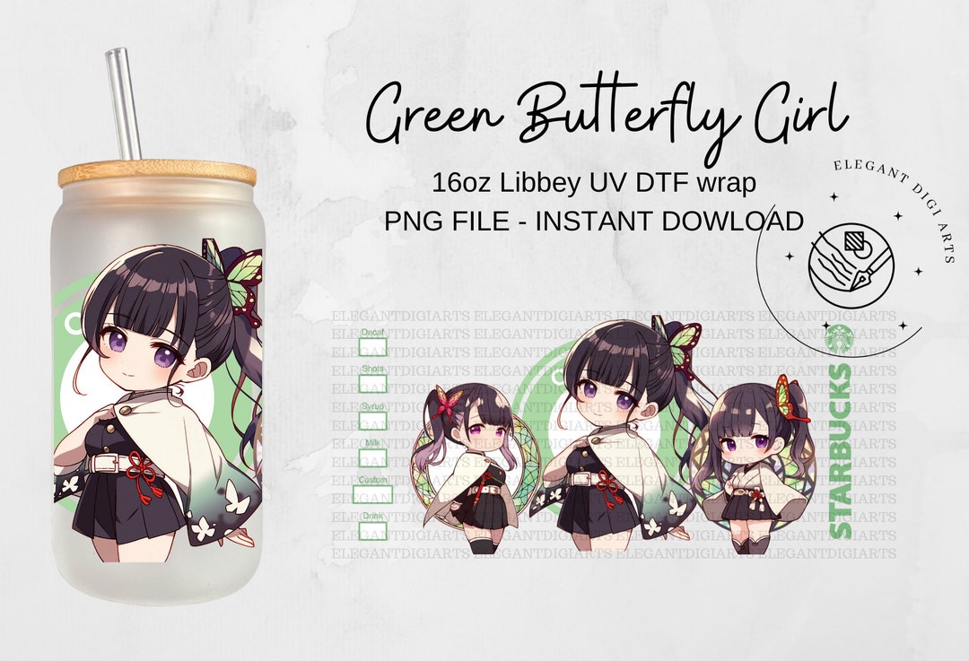 Green Butterfly Girl 16oz Libbey Glass Can Wrap, PNG, Instant Download ...