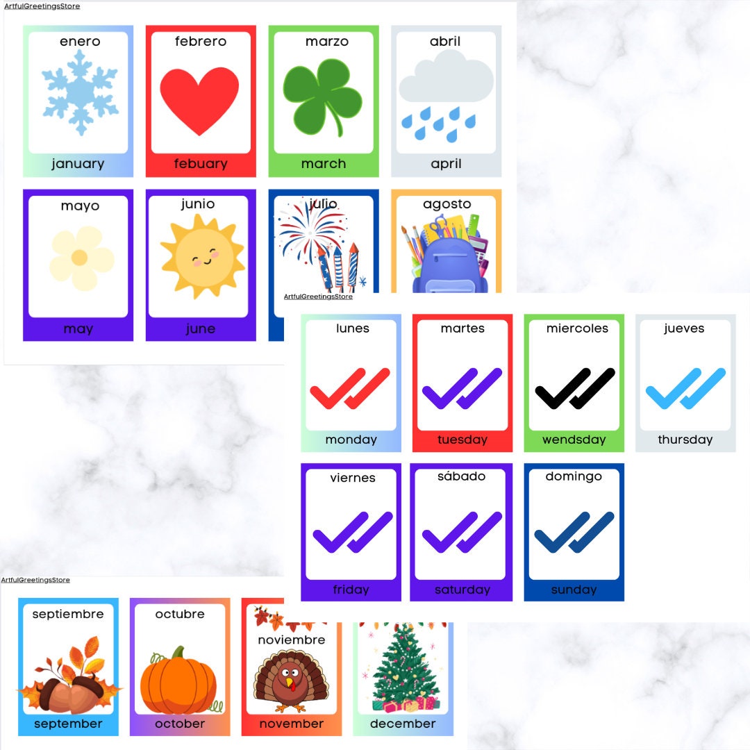 Bilingual Flashcards-days of the Week and Months of the - Etsy