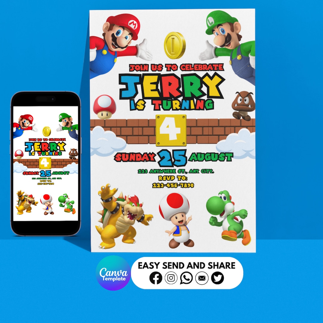 Editable Super Mario Digital Birthday Invitation, Mario Invitation ...