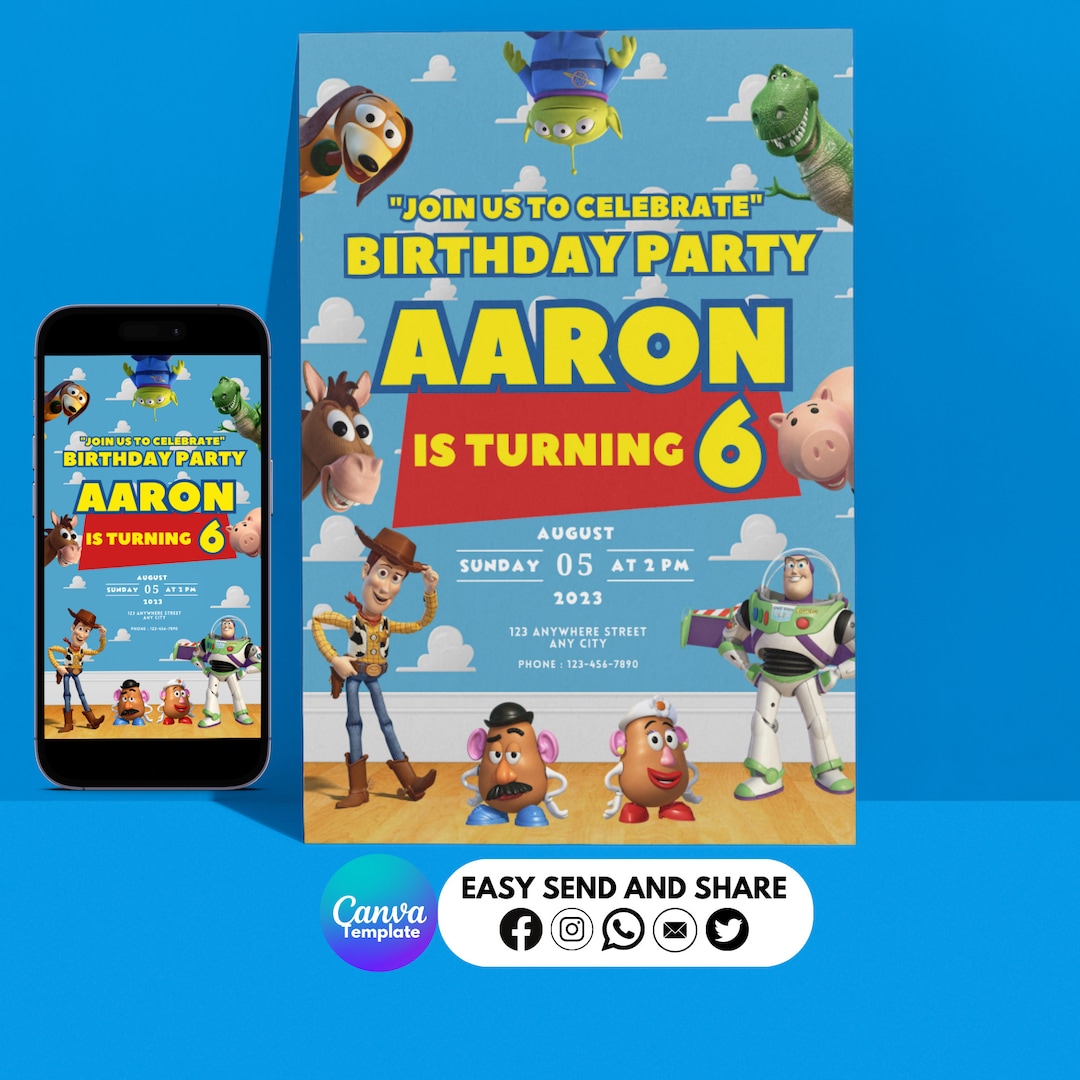 Editable TOY STORY Birthday Party Invitation, Woody and Buzz Lightyear ...