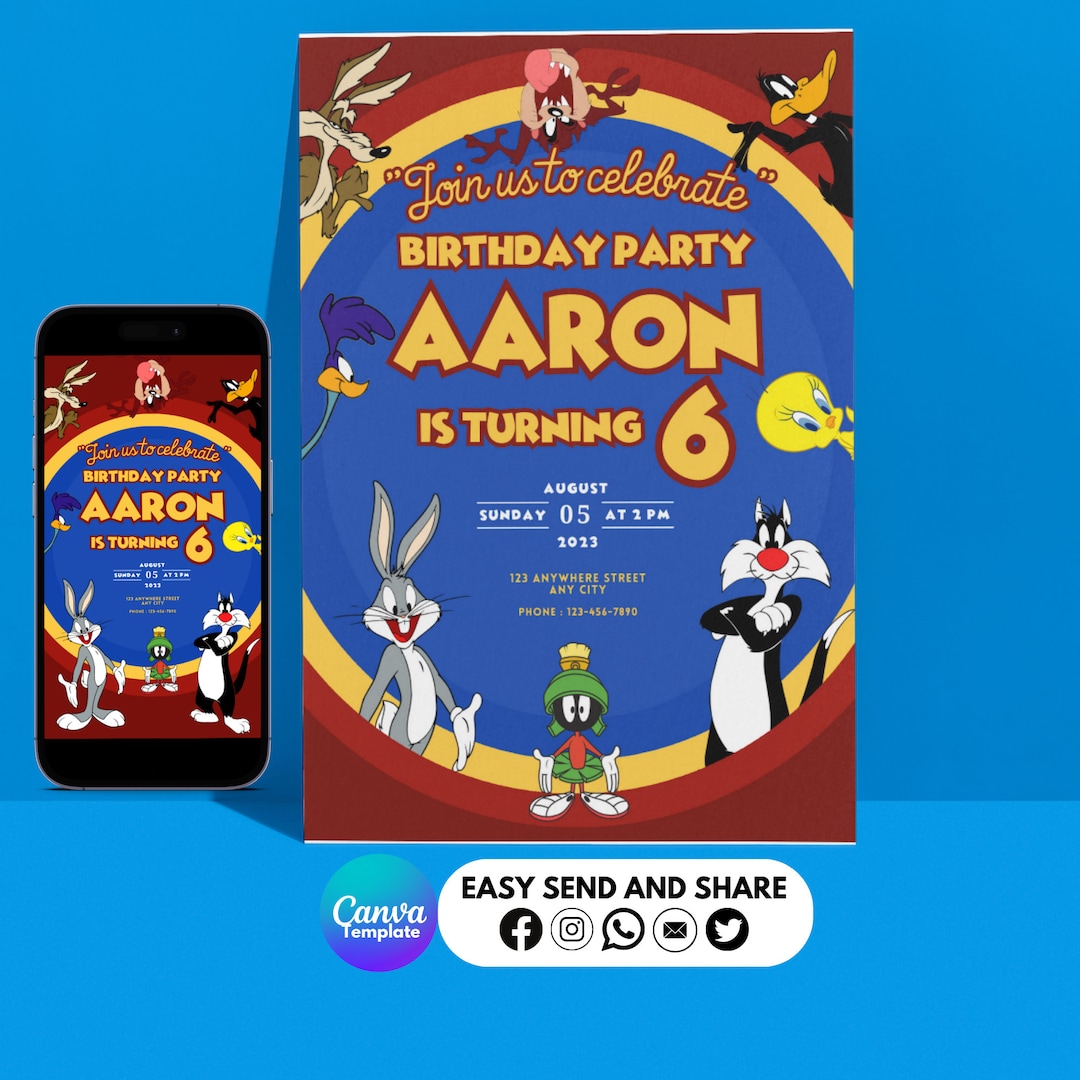 Editable Looney Tunes Birthday Invitation: Cartoon Party Theme (digital ...