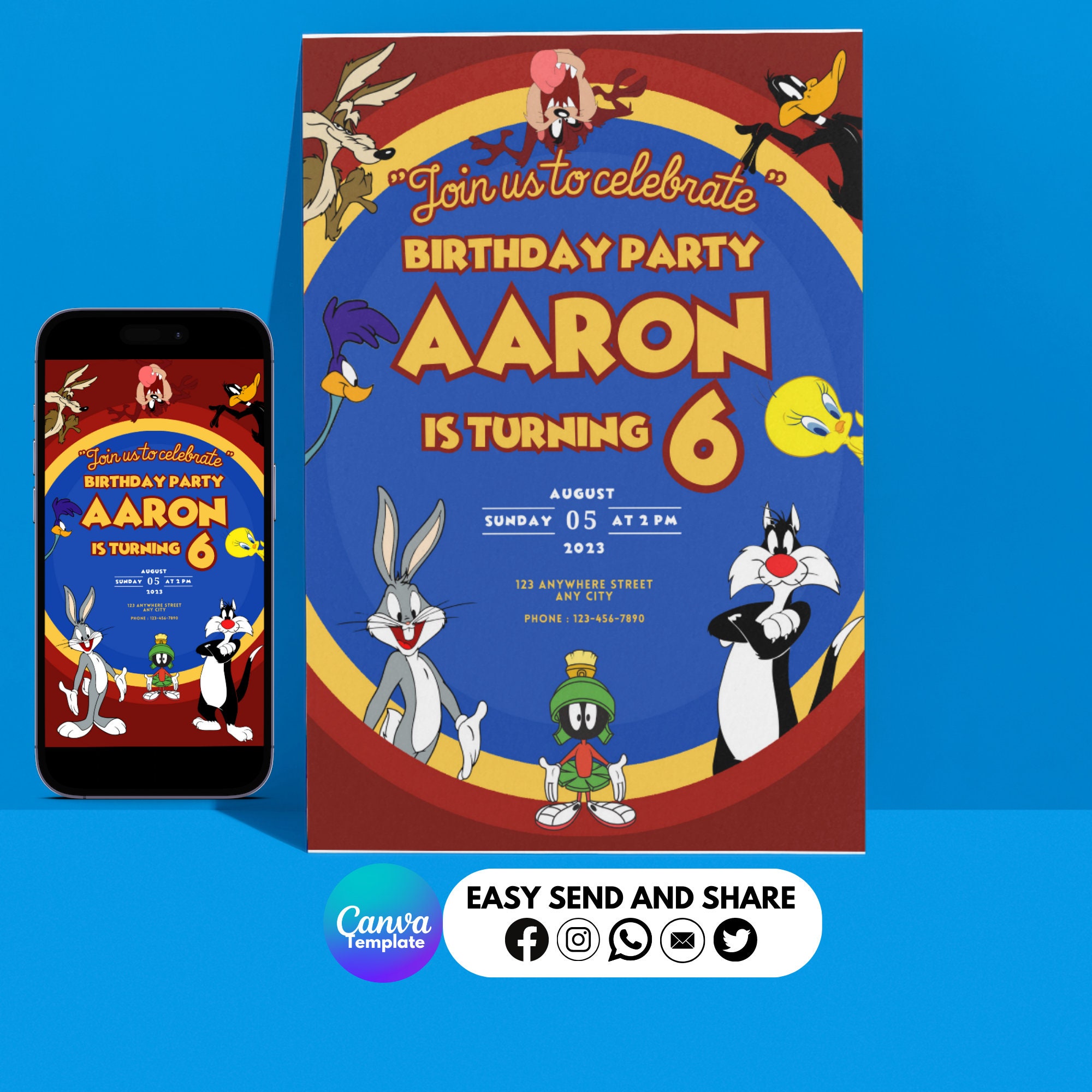 Editable LOONEY TUNES Invitation, Cartoon Party Invite, Kids Birthday ...