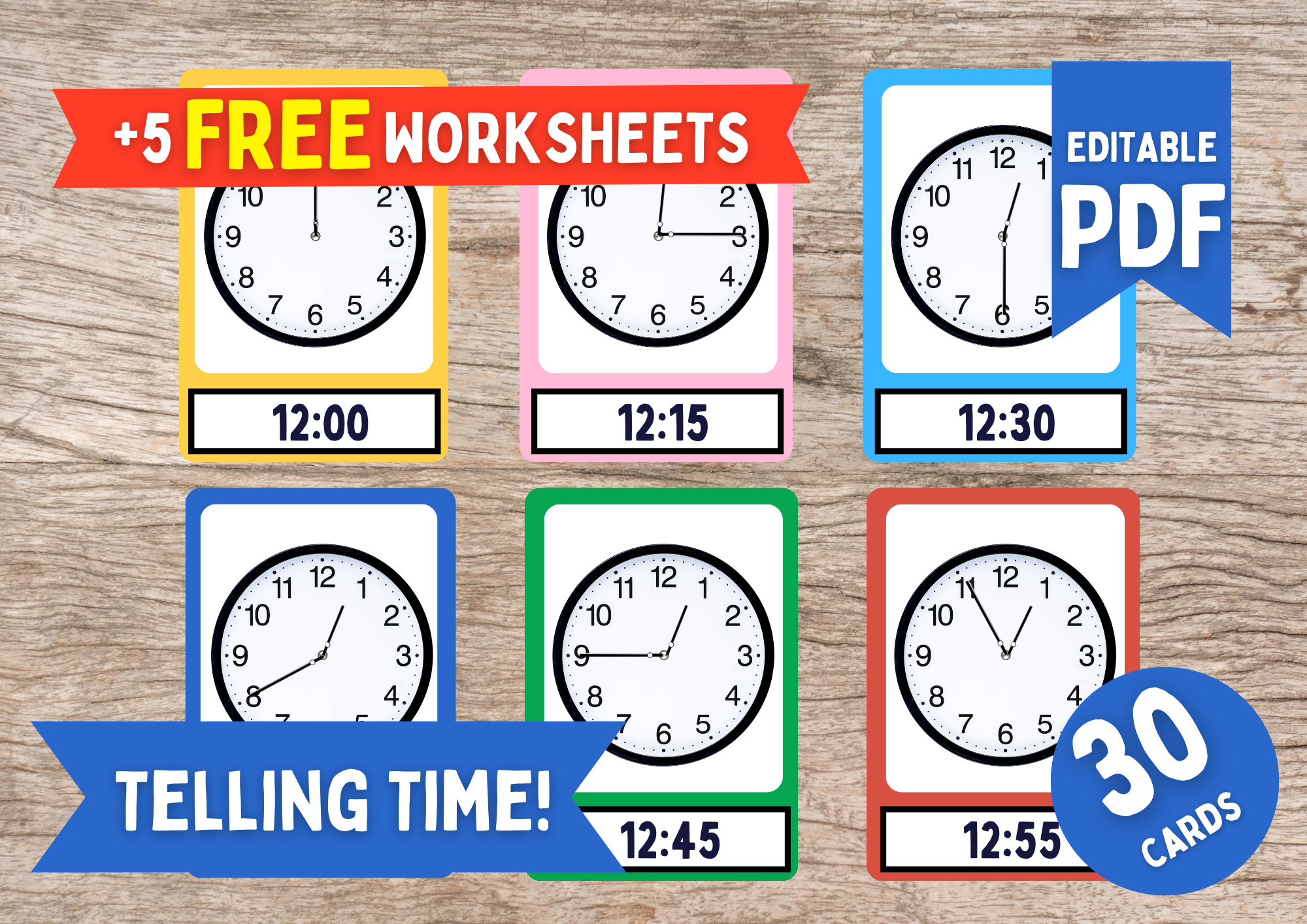 Telling Time Printable Flashcards 30 Editable Montessori Cards Flash ...