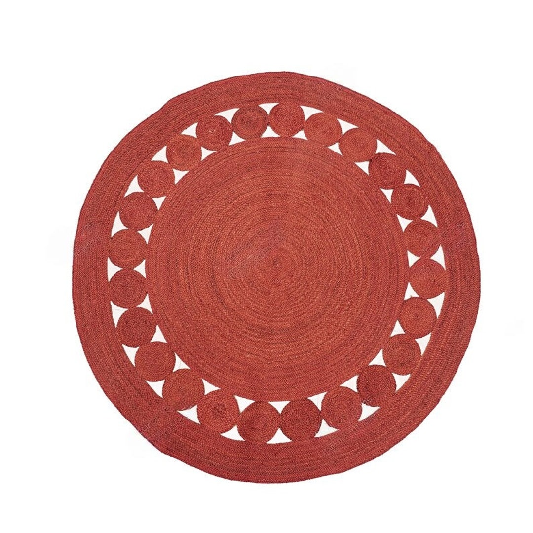 Hand Braided Red Jute Rug, Round Scalloped Boho Decor - Etsy