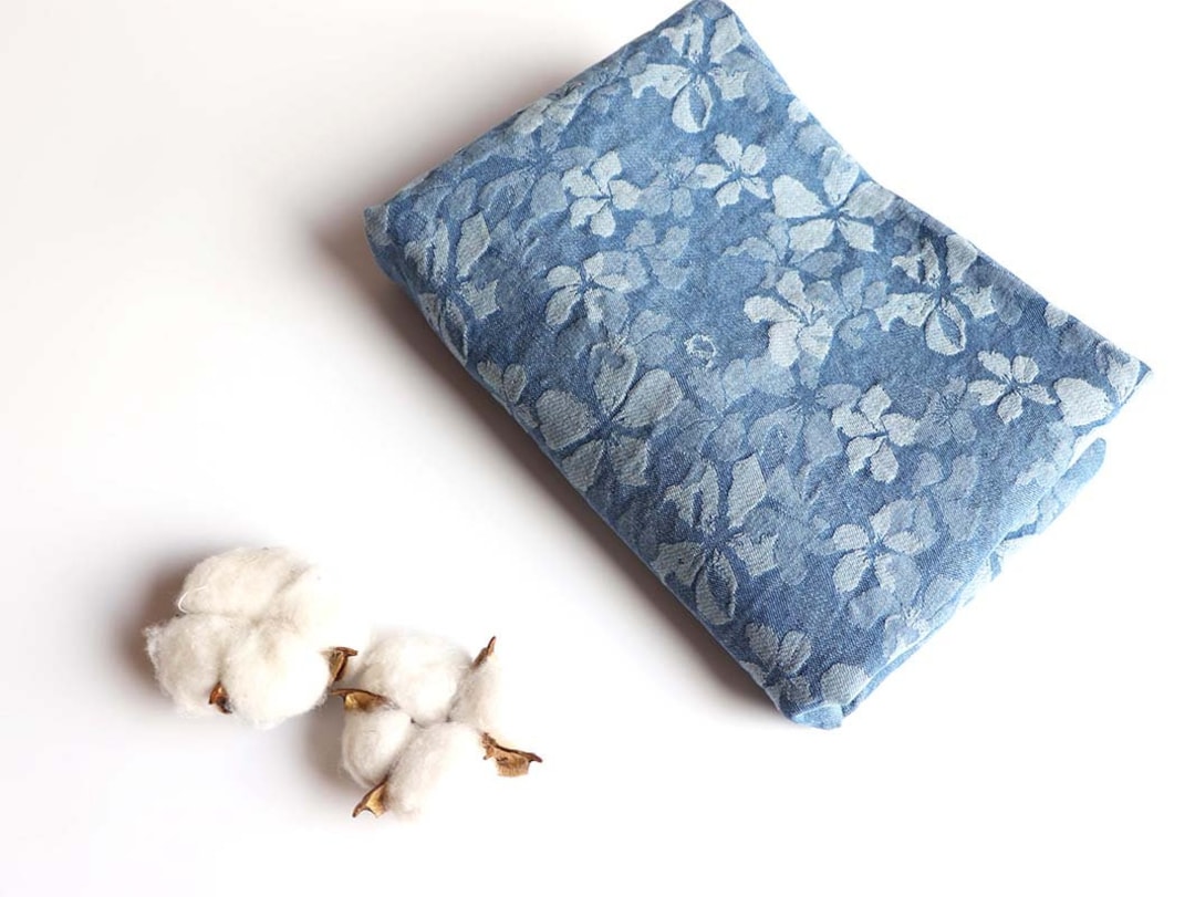 Floral Printed Denim Fabric, Blue Stretch Cotton Denim Fabric, Jacquard ...