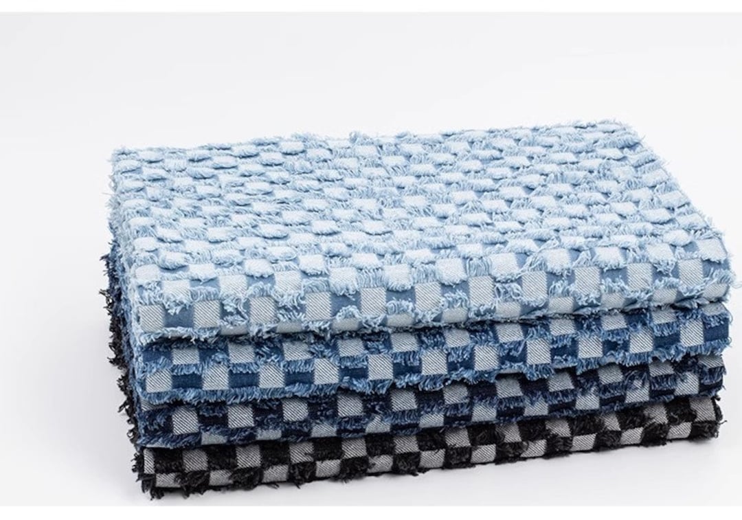 Checkerboard Lattice Fringe Jacquard Denim Fabric, Washed Cotton Denim ...