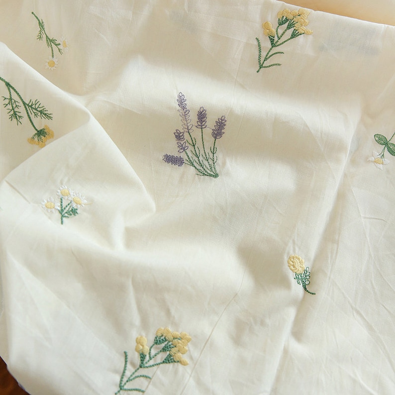 Floral Cotton Fabric, Embroidered Fabric, Daisy Cotton Fabric, Flower ...