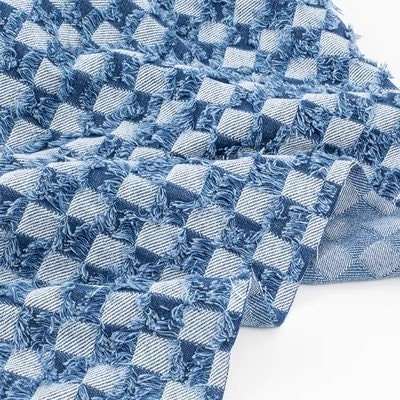 Checkerboard Lattice Fringe Jacquard Denim Fabric, Washed Cotton Denim ...