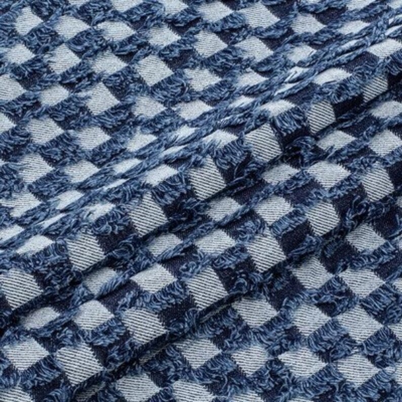 Checkerboard Lattice Fringe Jacquard Denim Fabric, Washed Cotton Denim ...
