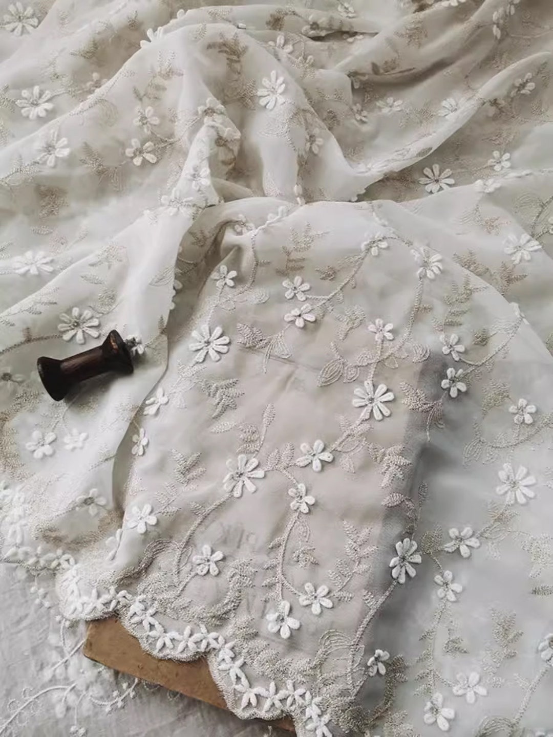 White Lace Wedding Chiffon Fabric, Embroidered Floral Fabric, Wedding ...