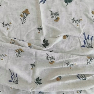 Floral Linen Embroidered Fabric, Plant Embroidered Fabric, Vintage ...