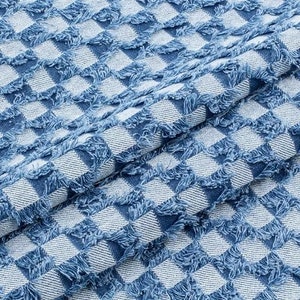 Checkerboard Lattice Fringe Jacquard Denim Fabric, Washed Cotton Denim ...