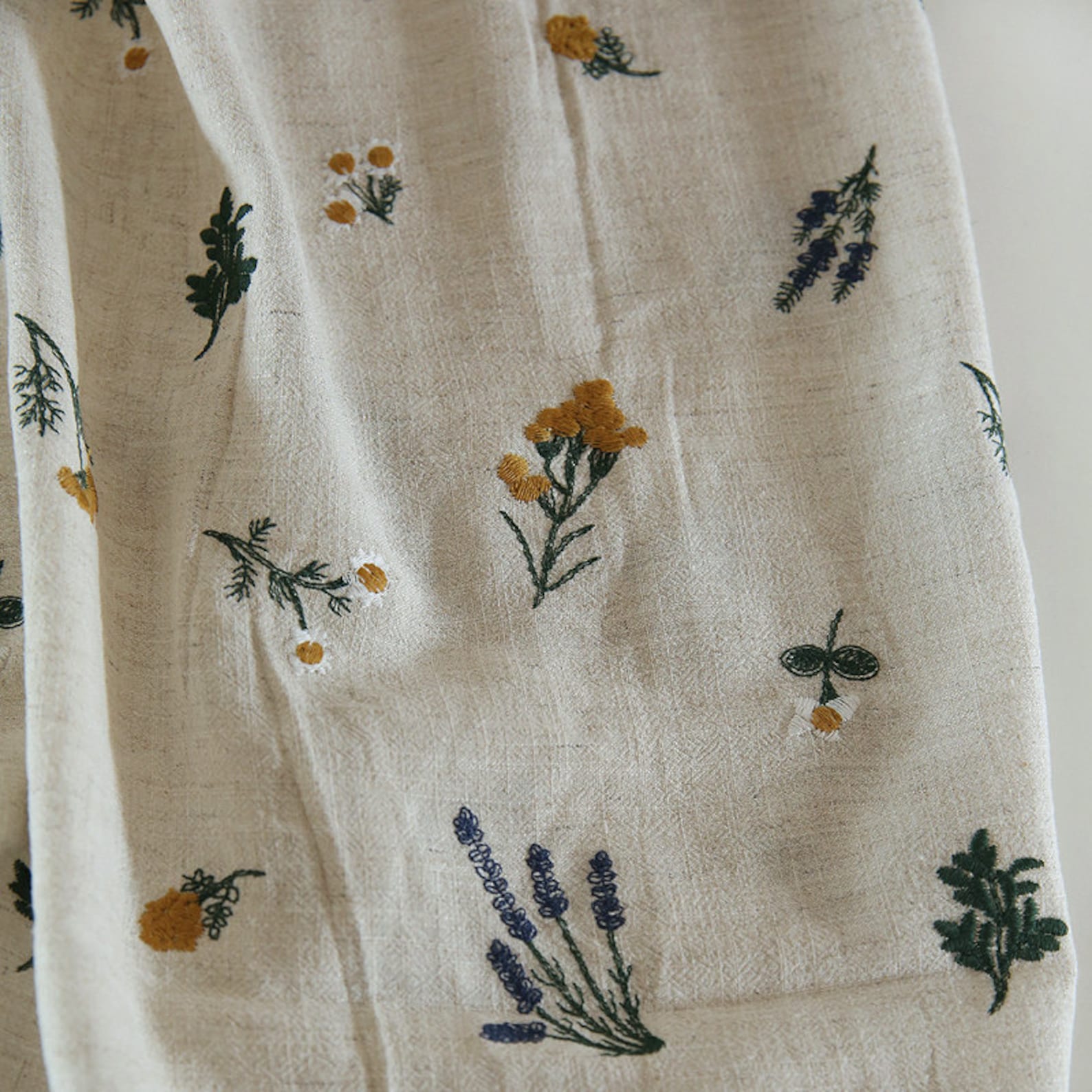 Floral Linen Embroidered Fabric, Plant Embroidered Fabric, Vintage ...