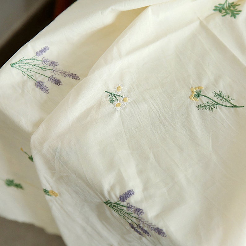 Floral Cotton Fabric, Embroidered Fabric, Daisy Cotton Fabric, Flower ...