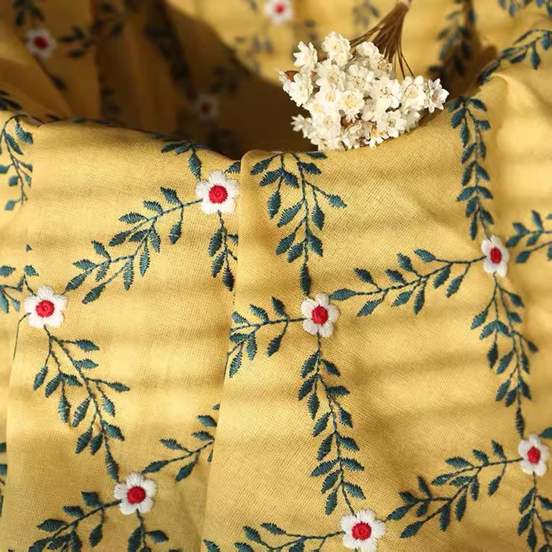 Yellow Floral Embroidered Fabric, Cotton Linen Fabric, Embroidered ...