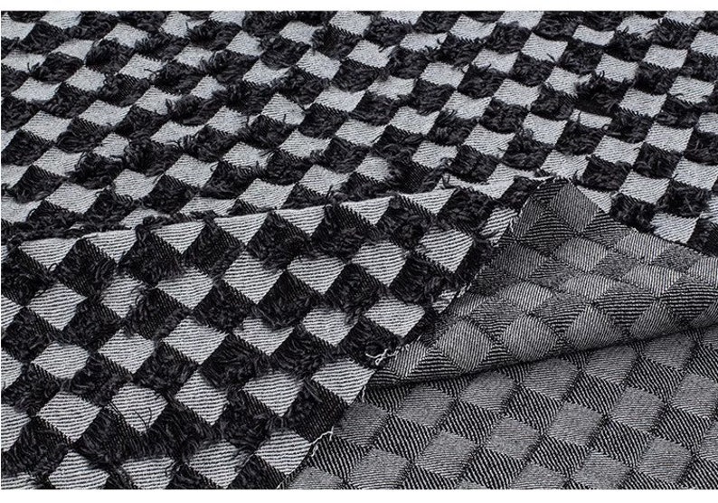 Checkerboard Lattice Fringe Jacquard Denim Fabric, Washed Cotton Denim ...