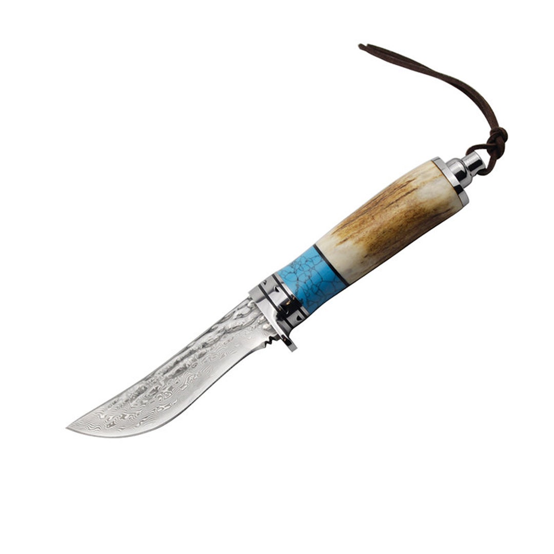 Natural Horn Handle Knife, Damascus Hunter Knife, Pine Stone Handle ...